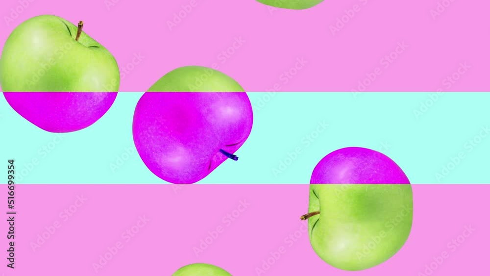 Abstract colorful animation - green apples falling and rotating at ...