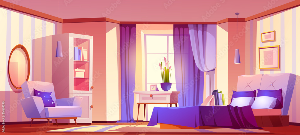 Pink bedroom interior with purple decor. Empty room with modern ...