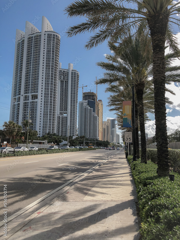Oceanfront resort hotels skyline of Miami Beach with skyscraper houses ...