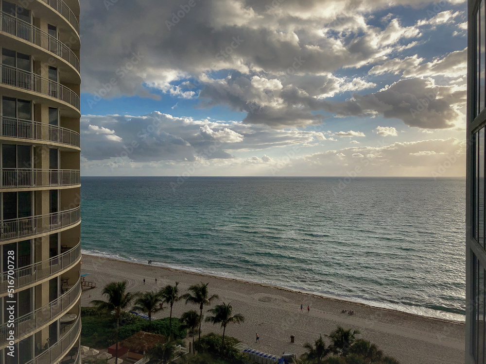 Oceanfront resort hotels skyline of Miami Beach with skyscraper houses ...