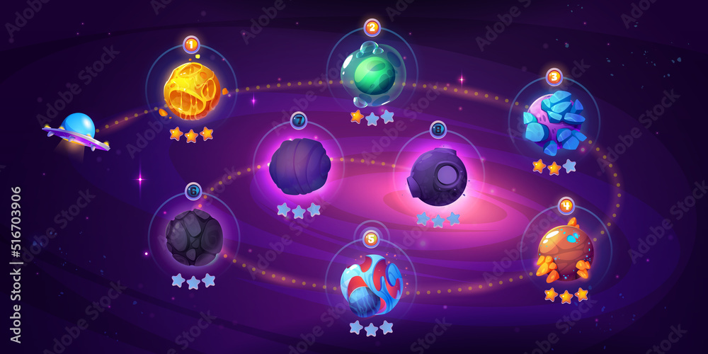 Space game level map with spaceship and alien planets. Cartoon 2d gui computer or mobile arcade ...