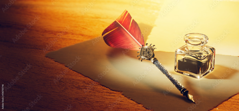 3D rendering, illustration of a vintage quill and ink container on top ...