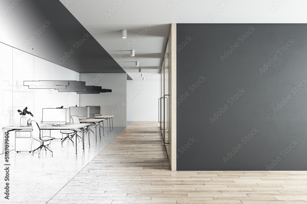 Hand modern drawn coworking office interior plan with mock up place on ...