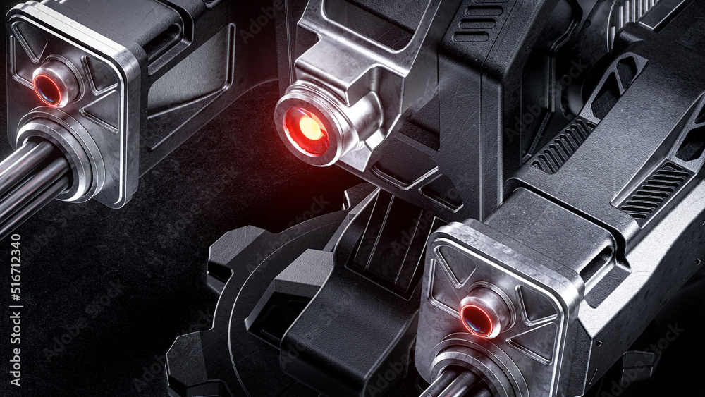 3D illustration of industrial sci fi futuristic military turret machine ...