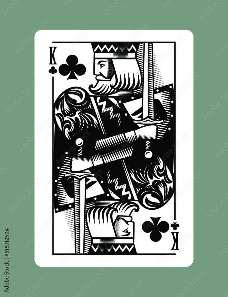 Engraved vintage drawing of King playing card of Clubs suit in vintage ...