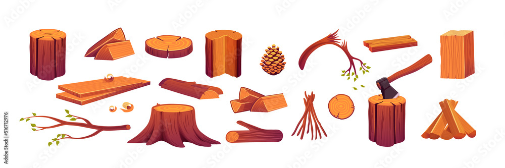 Set of woods, wooden logs, round slices, axe in stump, tree branch, cut ...