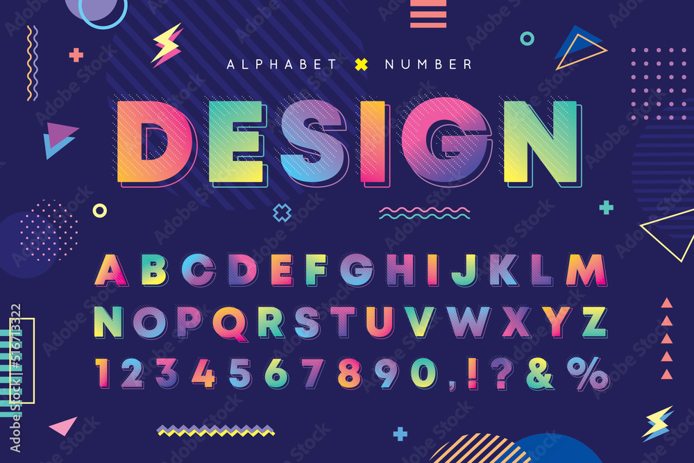 Gradient Memphis alphabet and number set. Multicolor vector decorative ...