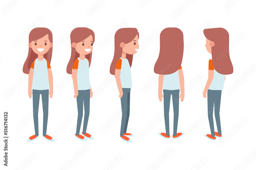 Girl, teen front, side, back view flat vector character for animation ...