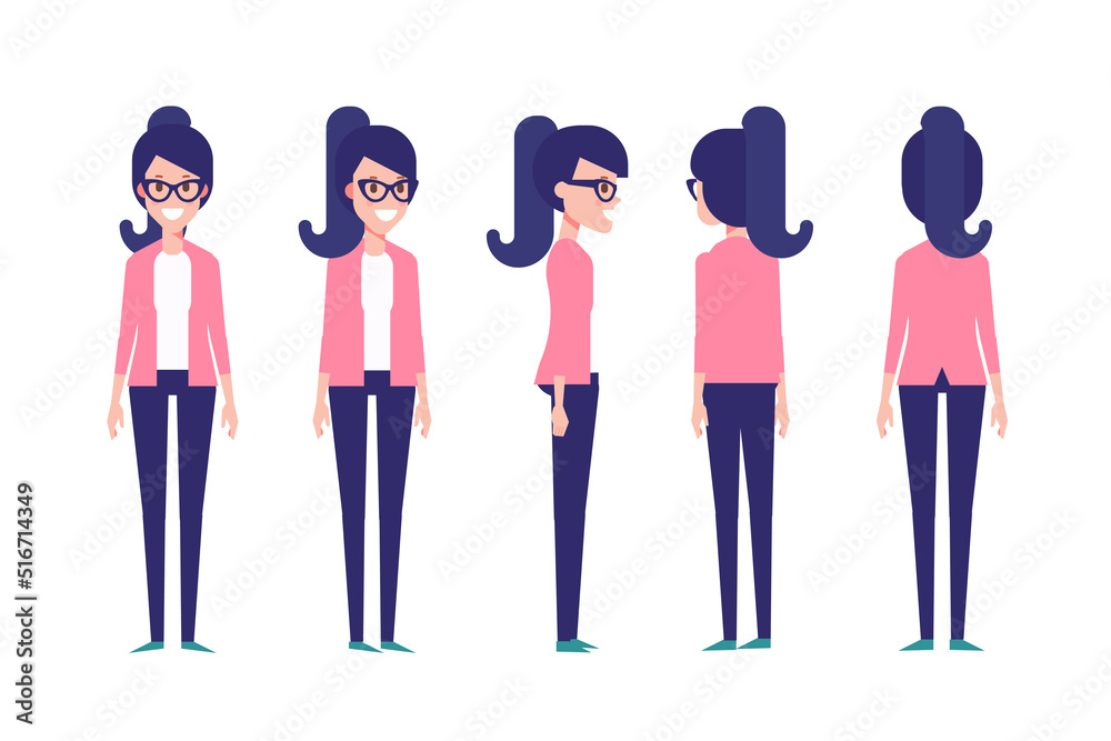 Girl, Woman front, side, back view flat vector character for animation ...