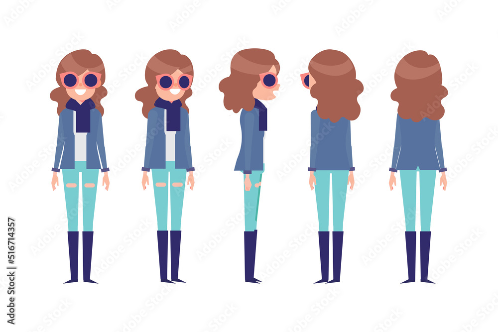 Girl, Woman front, side, back view flat vector character for animation ...