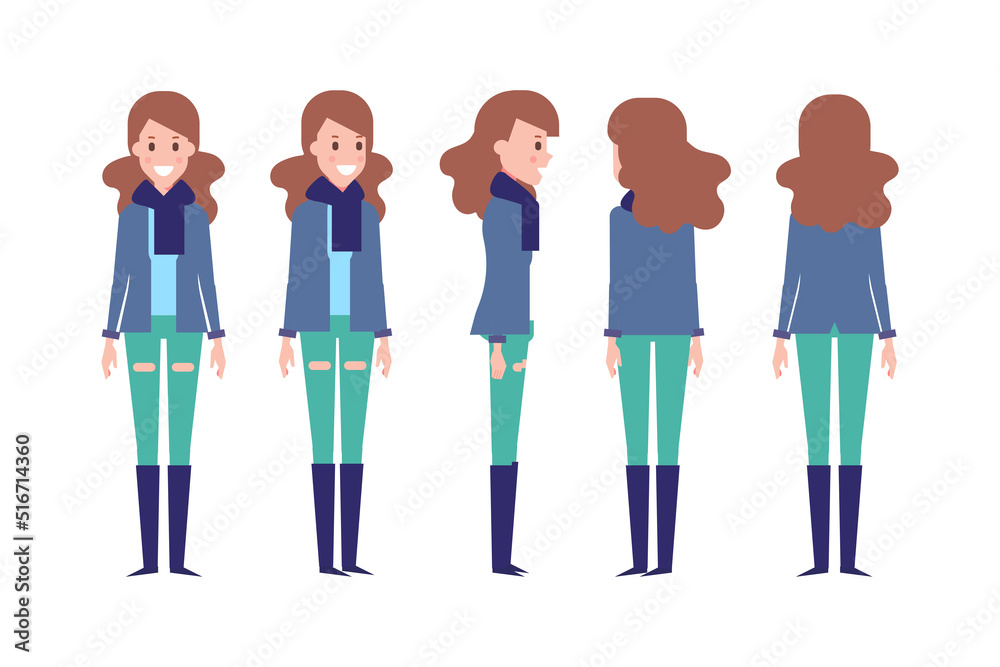 Girl, Woman front, side, back view flat vector character for animation ...