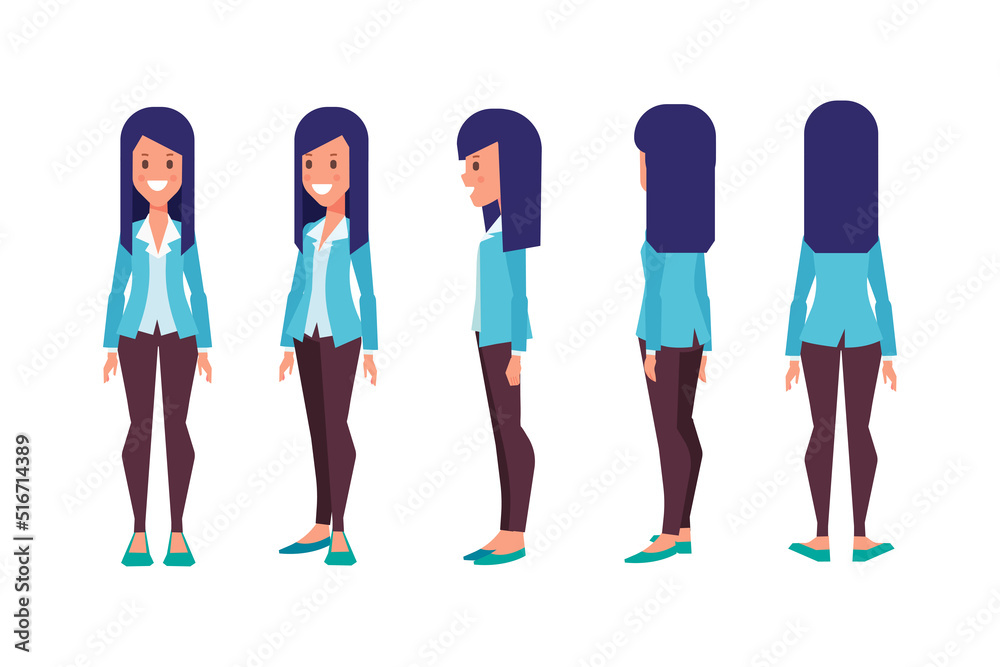 Girl, Woman front, side, back view flat vector character for animation ...
