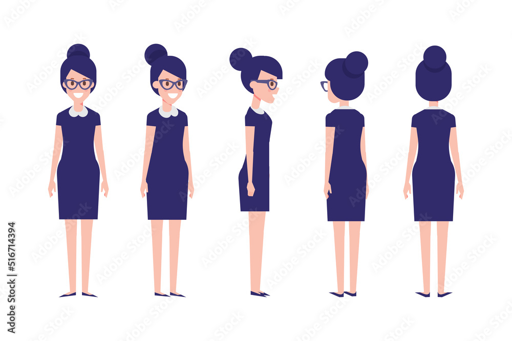 Girl, Woman front, side, back view flat vector character for animation ...