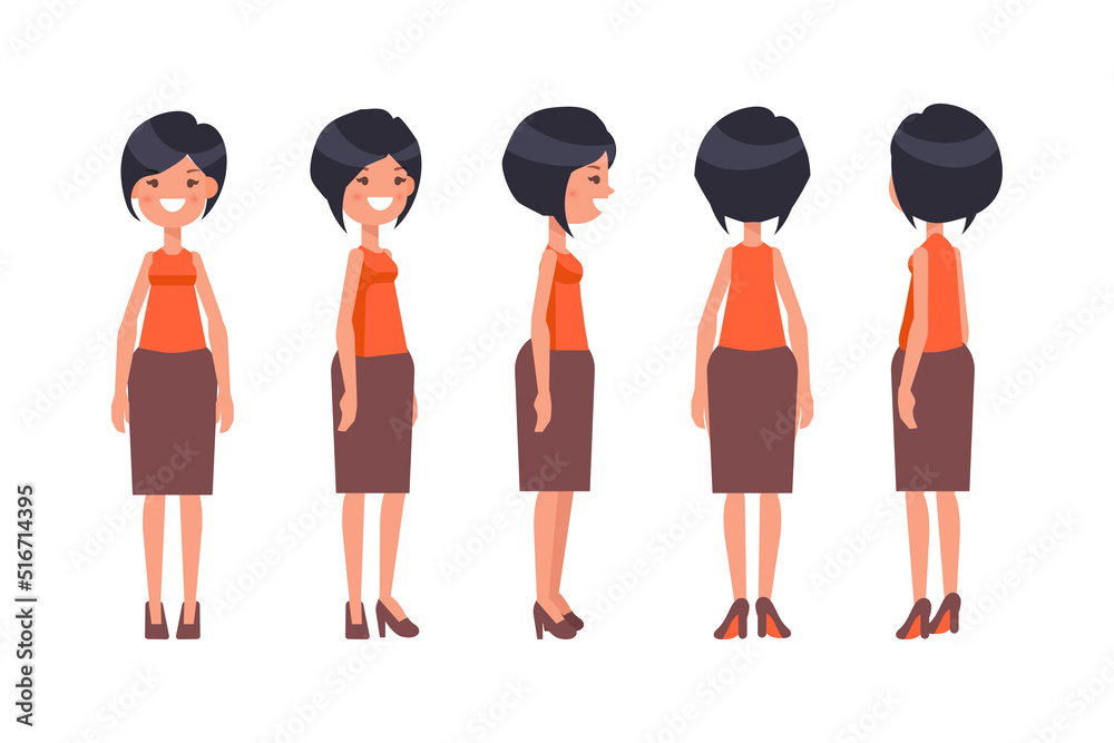 Girl, Woman front, side, back view flat vector character for animation ...