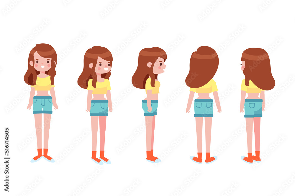 Girl, Woman front, side, back, 3-4 view flat vector character for ...