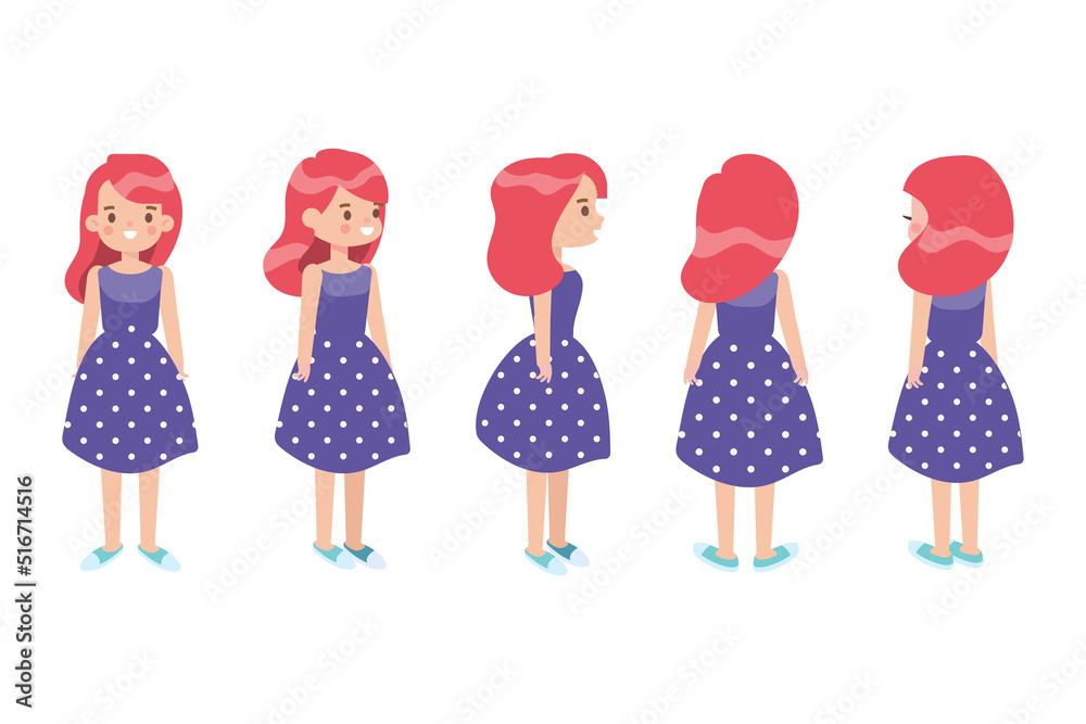 Girl, Woman front, side, back, 3-4 view flat vector character for ...