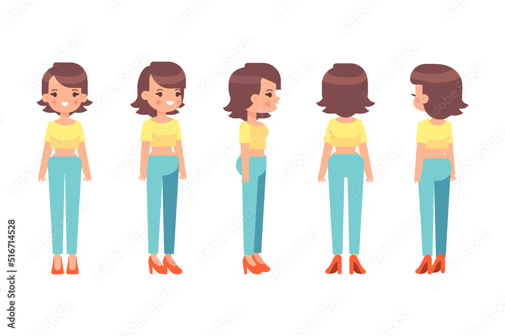 Girl, Woman front, side, back, 3-4 view flat vector character for ...