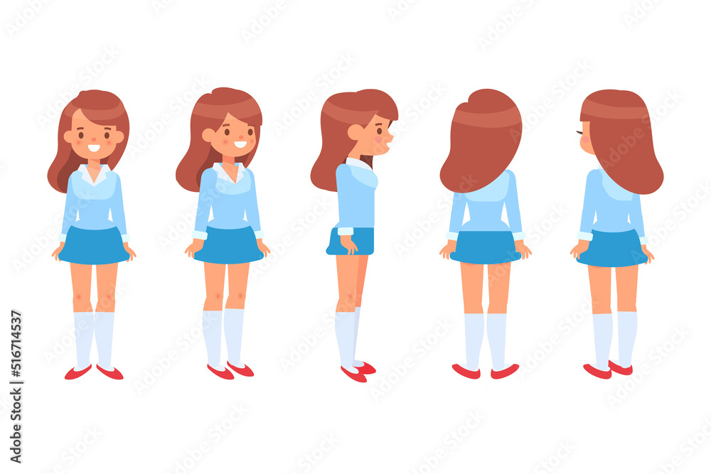 Girl, Woman front, side, back, 3-4 view flat vector character for ...