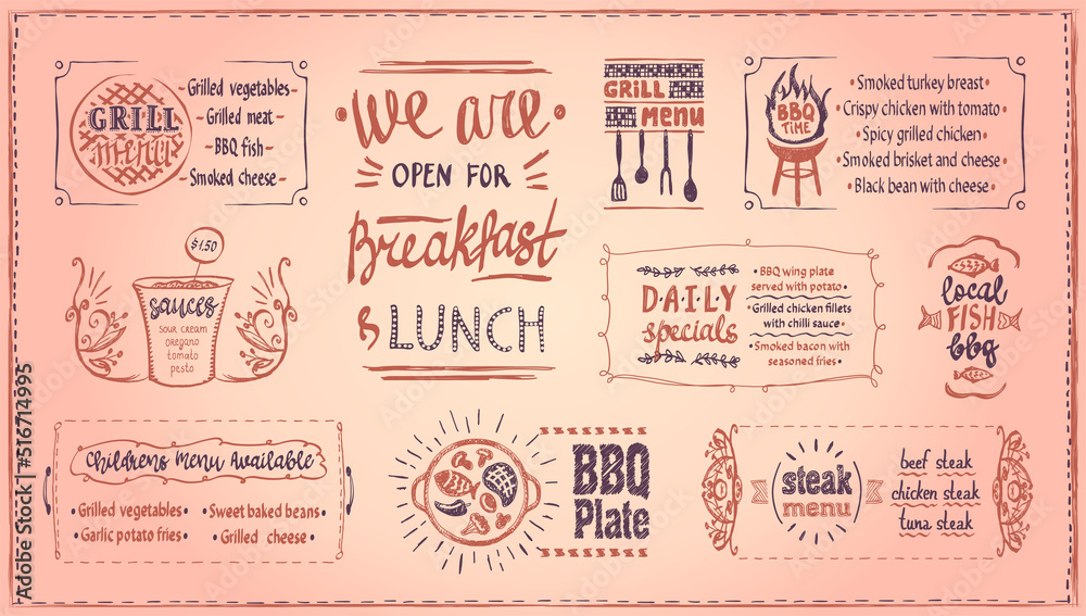 Barbecue menu template, menu board with BBQ symbols and dishes ...