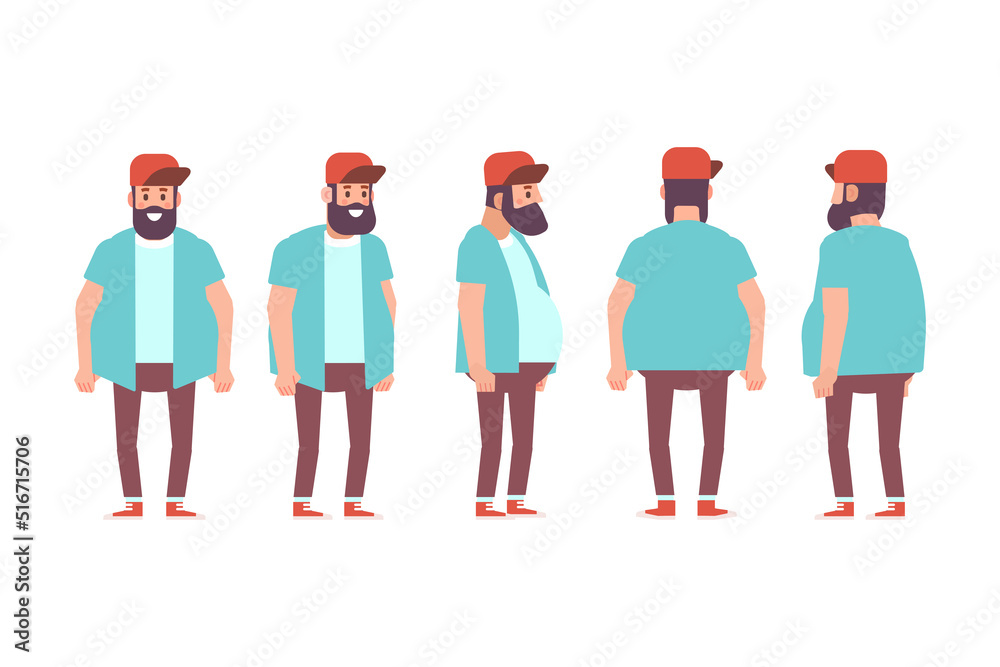 Man, male, guy front, side, back view flat vector character for ...