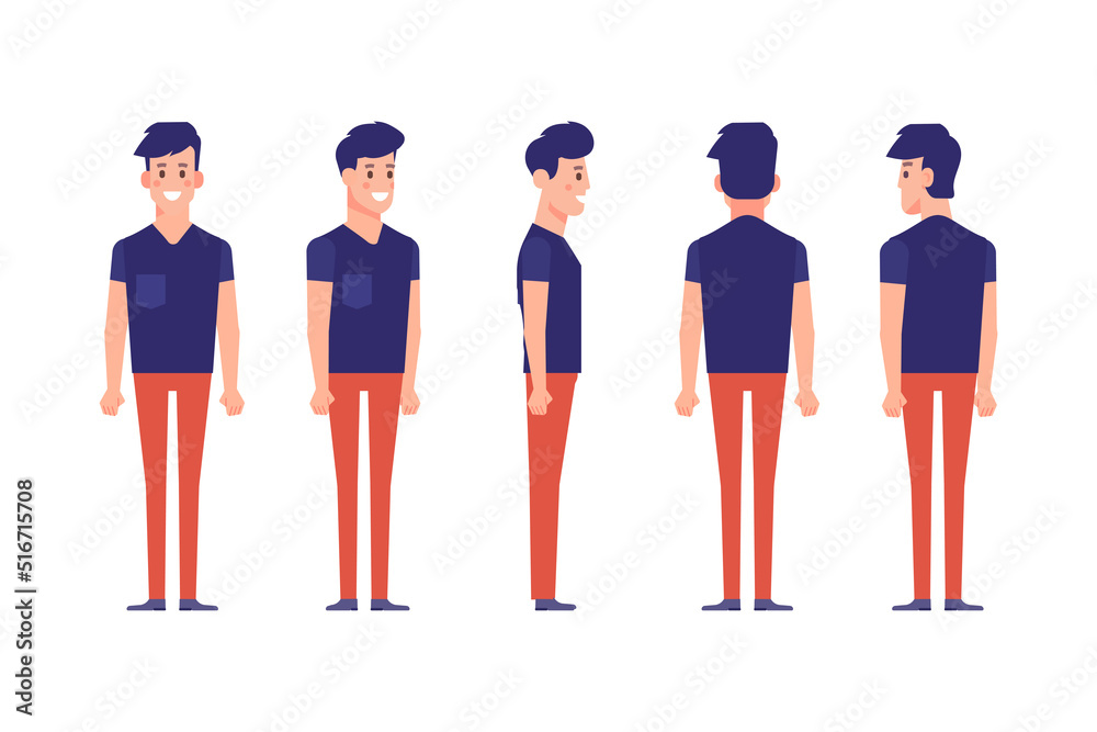 Man, male, guy front, side, back view flat vector character for ...