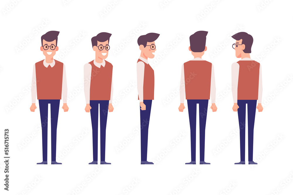 Man, male, guy front, side, back view flat vector character for ...