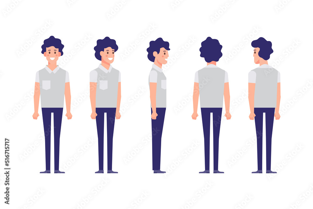 Man, male, guy front, side, back view flat vector character for ...