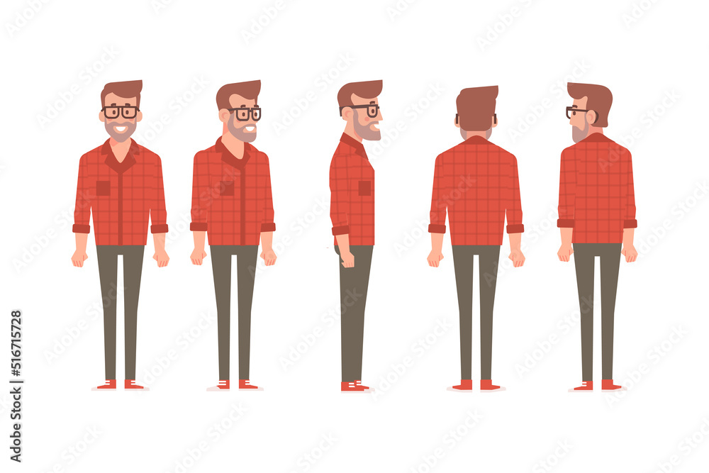 Man, male, guy front, side, back view flat vector character for ...