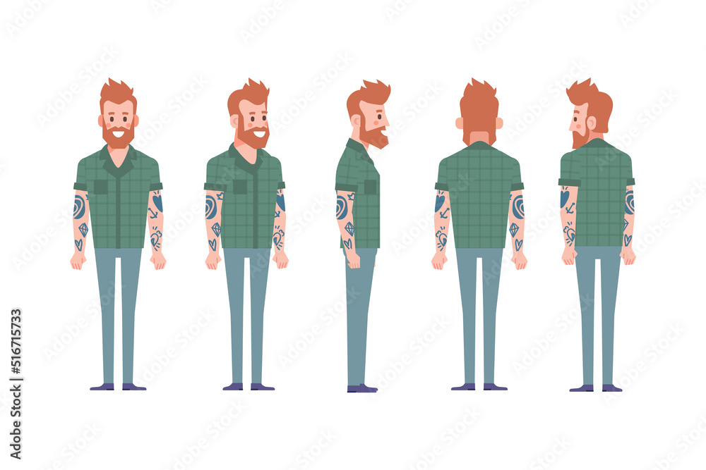 Man, male, guy front, side, back view flat vector character for ...