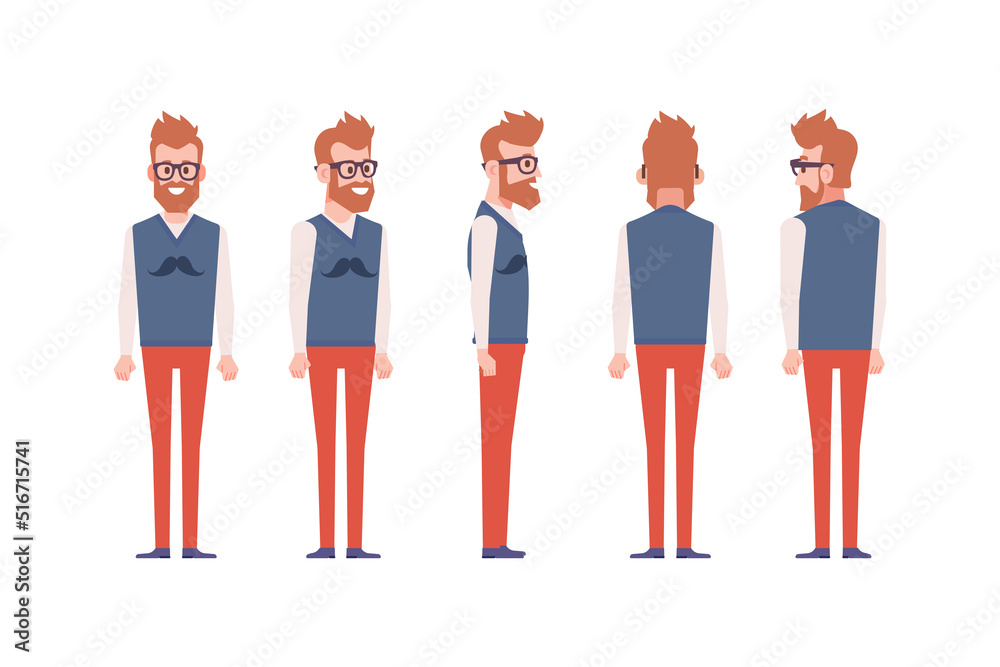 Man, male, guy front, side, back view flat vector character for ...