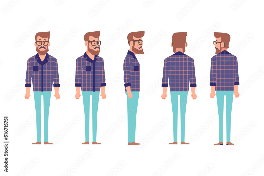 Man, male, guy front, side, back view flat vector character for ...