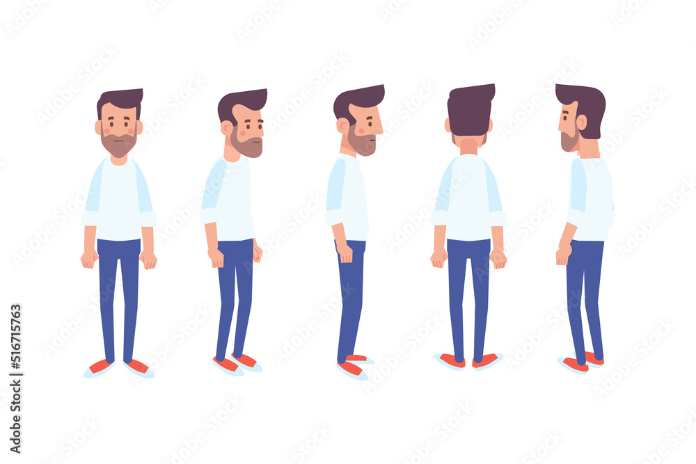 Man, male, guy front, side, back view flat vector character for ...