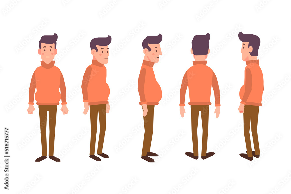Man, male, guy front, side, back view flat vector character for ...