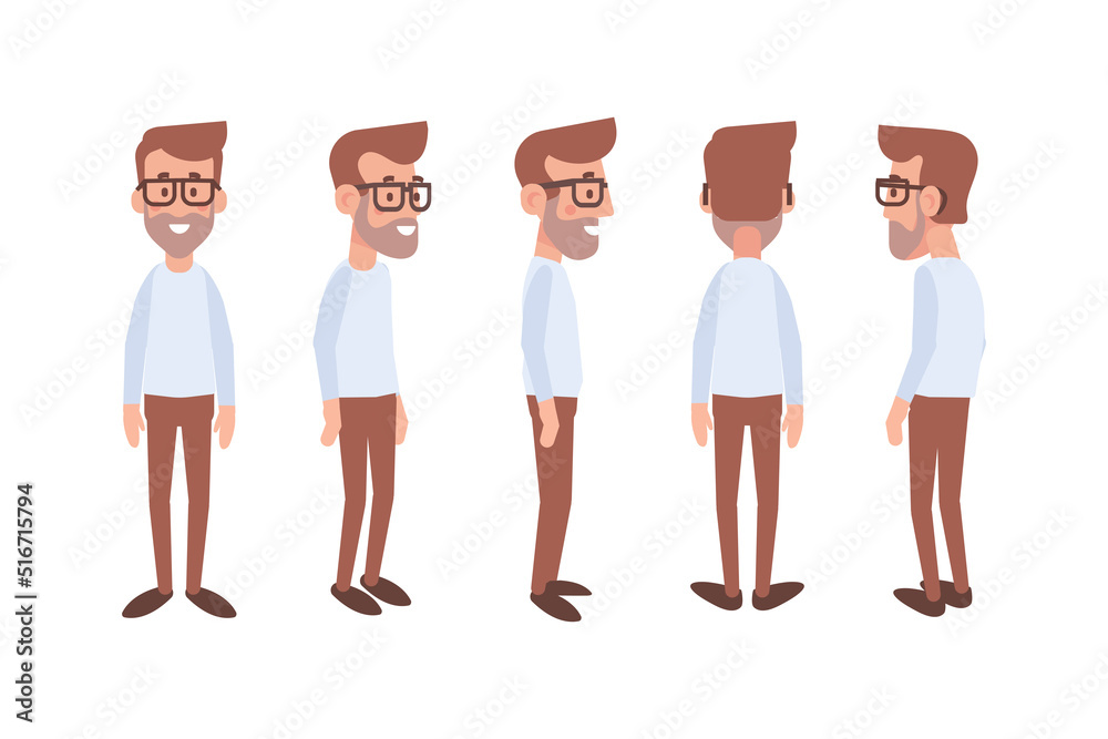 Man, male, guy front, side, back view flat vector character for ...