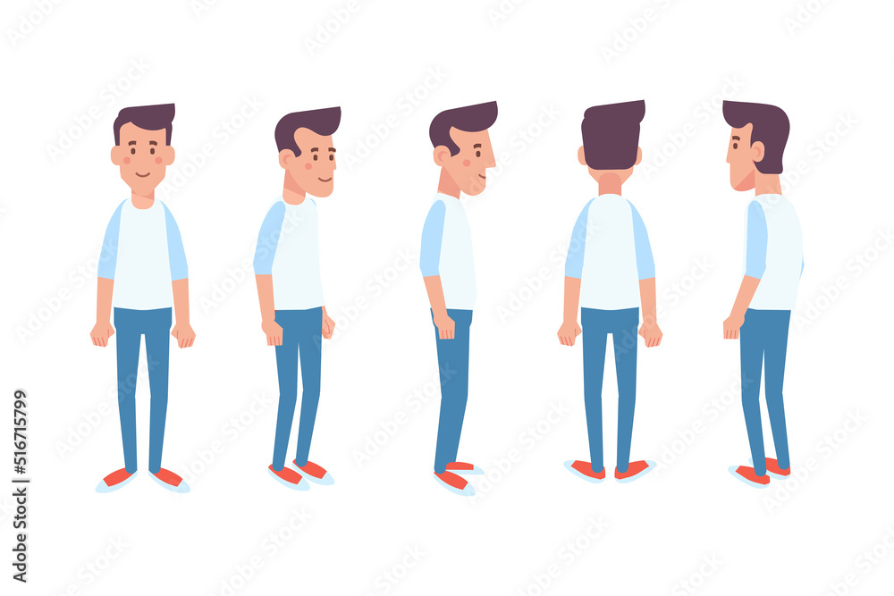 Man, male, guy front, side, back view flat vector character for ...