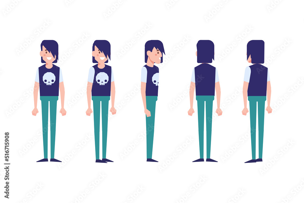 Man, male, guy front, side, back view flat vector character for ...