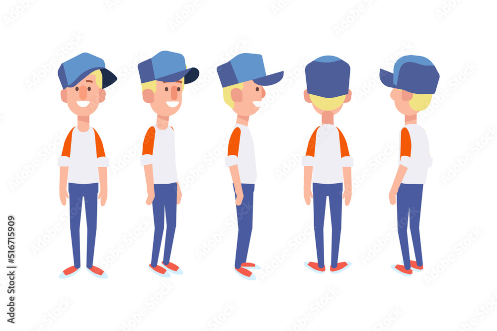 Man, male, guy front, side, back view flat vector character for ...