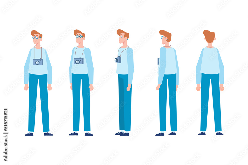 Man, male, guy front, side, back view flat vector character for ...