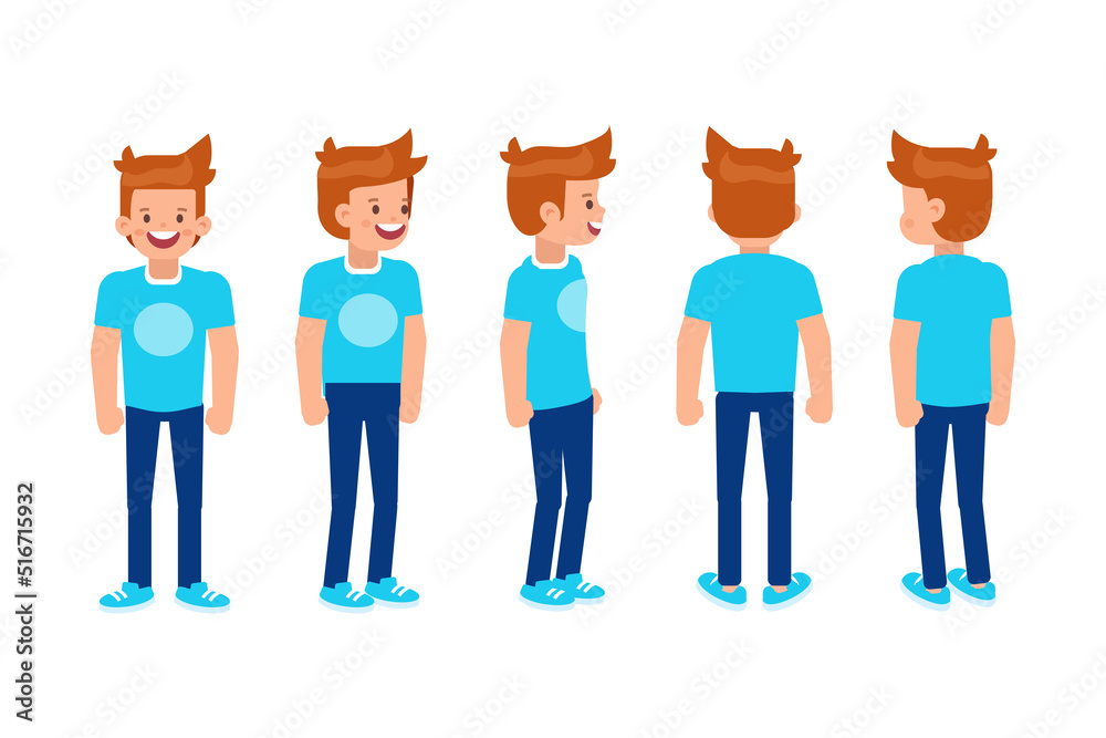 Man, male, guy front, side, back view flat vector character for ...