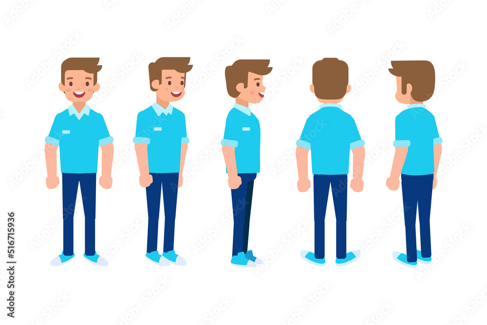 Man, male, guy front, side, back view flat vector character for ...