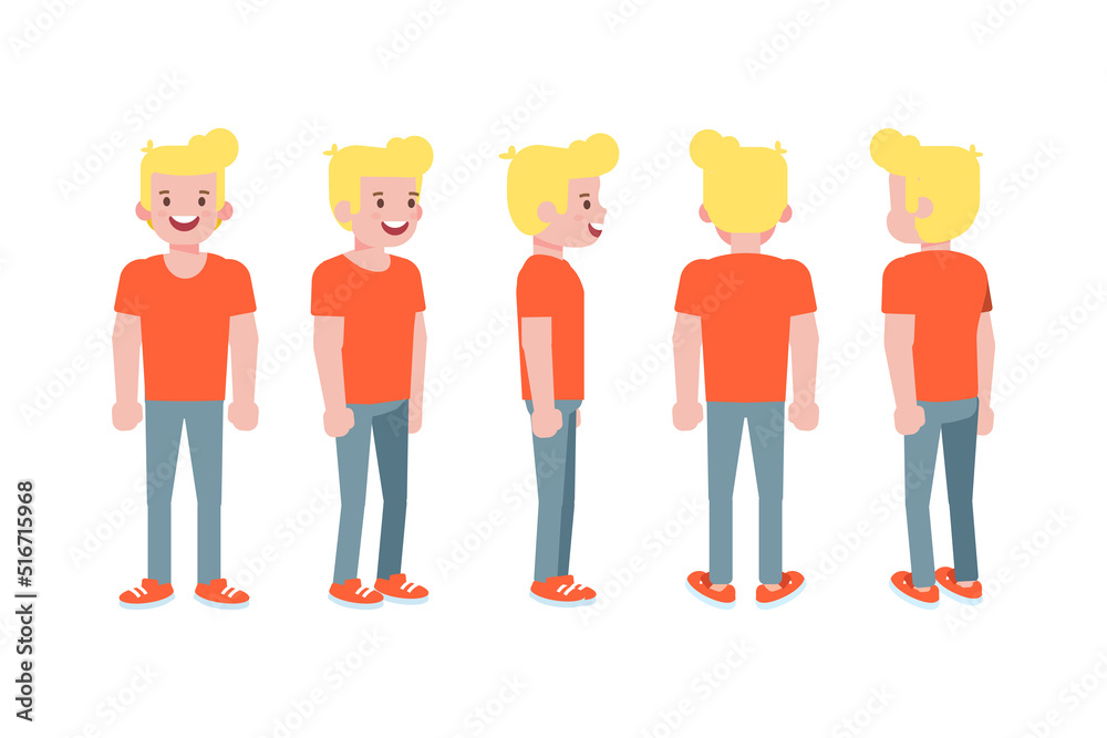 Man, male, guy front, side, back view flat vector character for ...