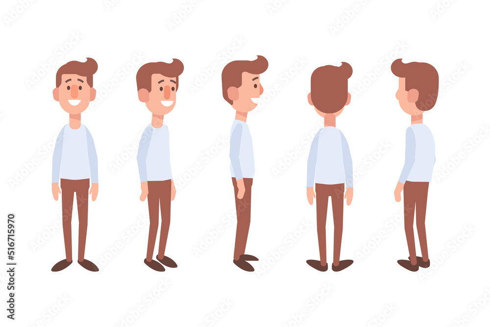 Man, male, guy front, side, back view flat vector character for ...