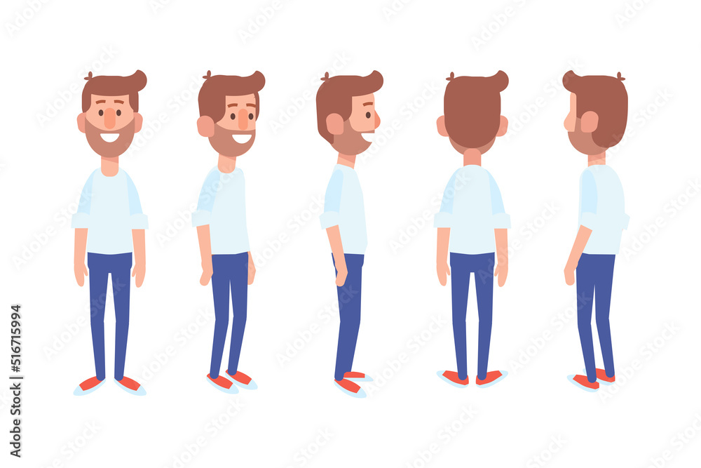 Man, male, guy front, side, back view flat vector character for ...