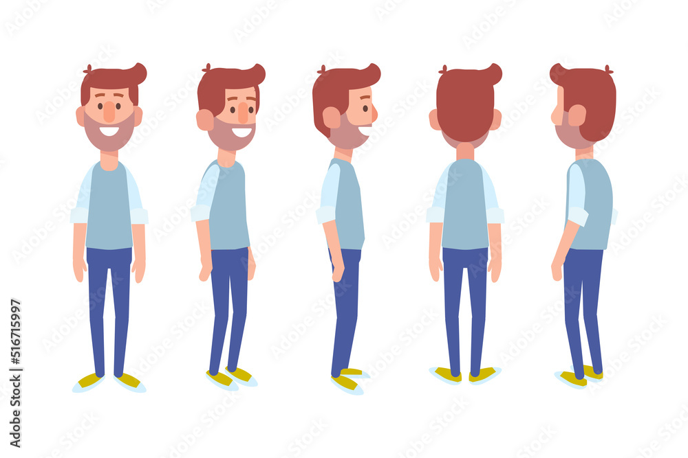 Man, male, guy front, side, back view flat vector character for ...