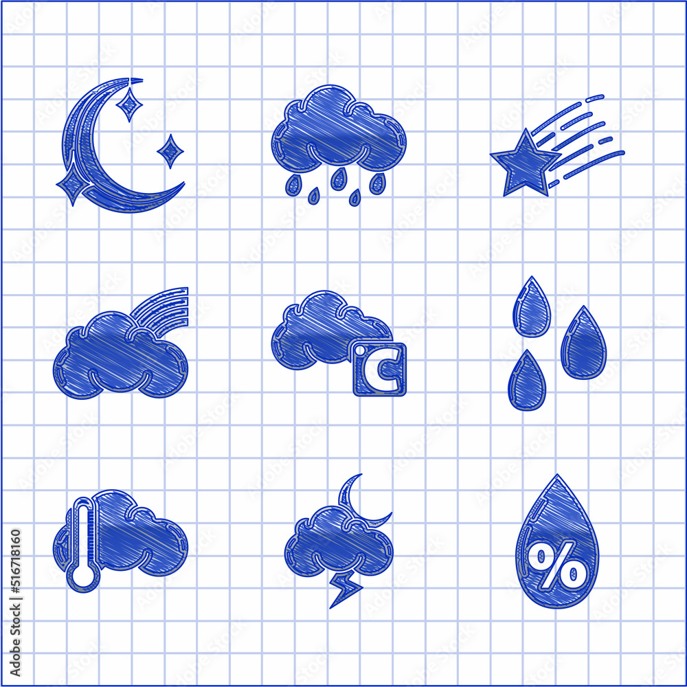 Set Celsius and cloud, Storm, Water drop percentage, Thermometer ...
