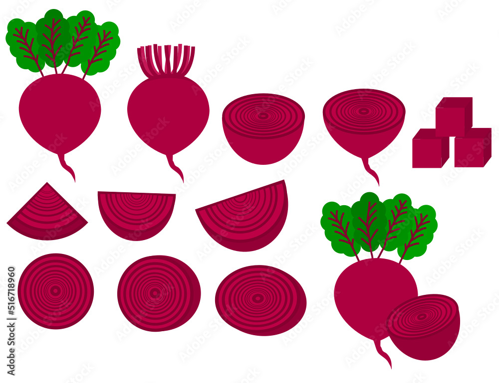 Set of red beetroot.Whole, slices and half cutted.Fruit or vegetable ...
