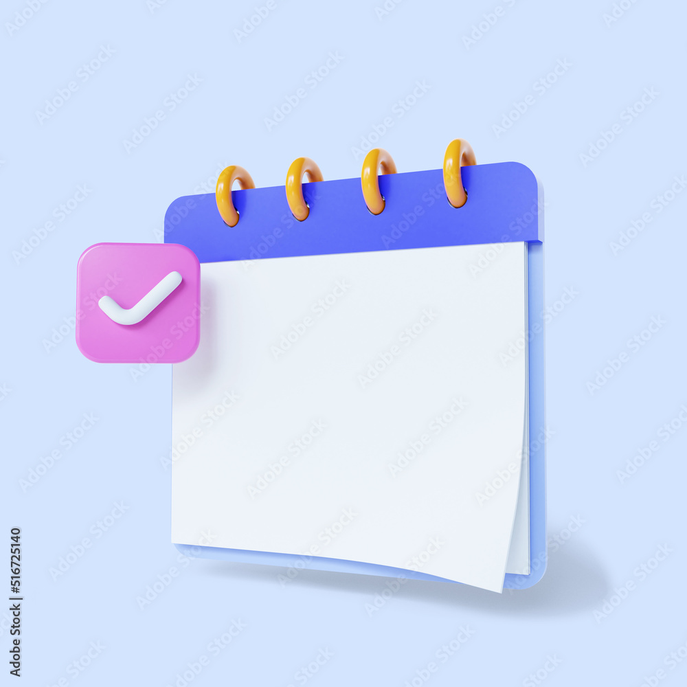 3D rendering of reminder calendar with check mark. Calendar task icon ...