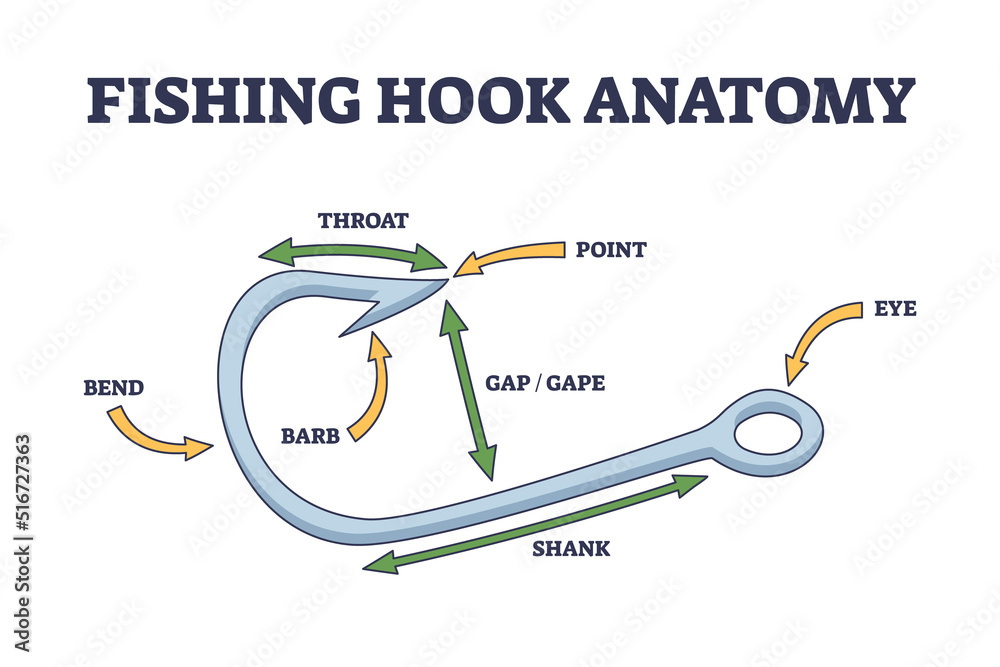 Fishing hook anatomy with fish catching elements description outline diagram. Labeled ...