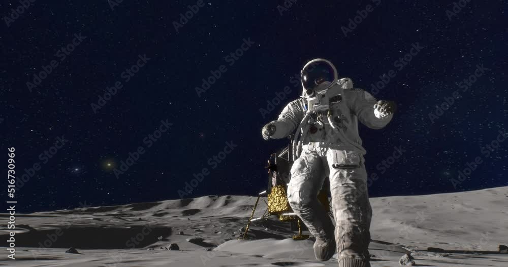 An astronaut jumping on surface of the Moon watching Earth and stars ...
