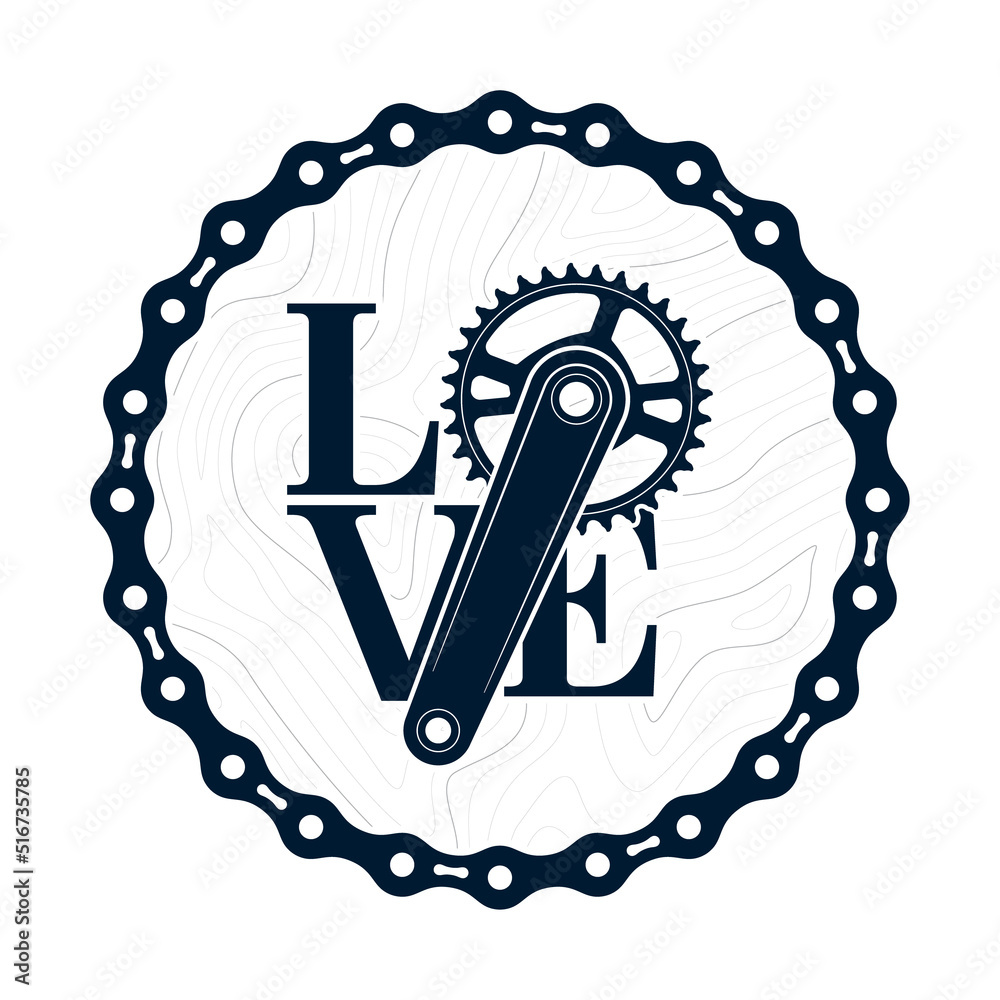 Vector dark blue circle with a simple logo composed of a bicycle chain ...